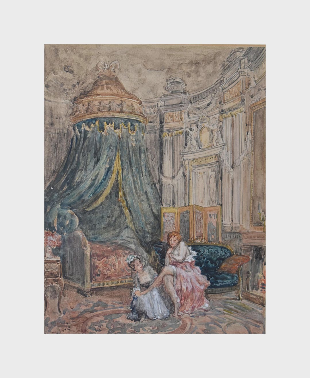 Socialite With Her Maid in a Paris Boudoir Antique Watercolour Albert ...