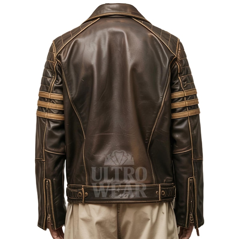 Men's Vintage Brown Leather Biker Jacket With Quilted Sleeves - Brown ...