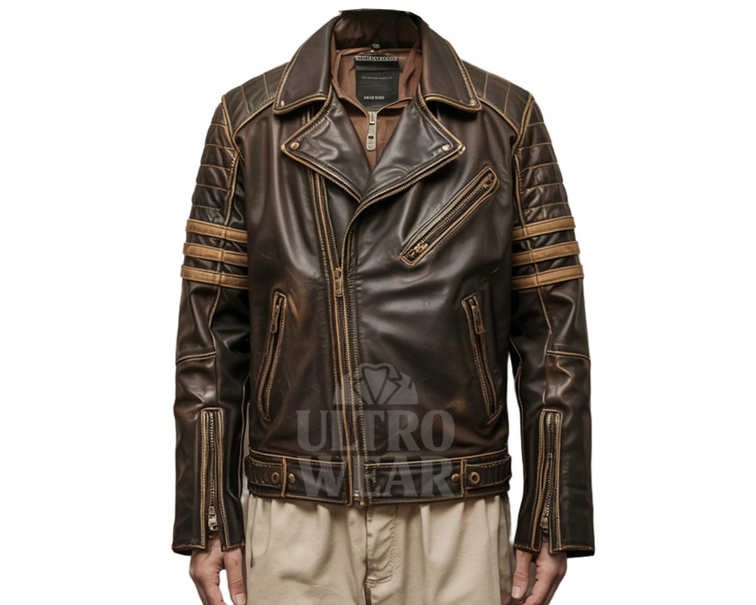 Men's Vintage Brown Leather Biker Jacket With Quilted Sleeves - Brown ...