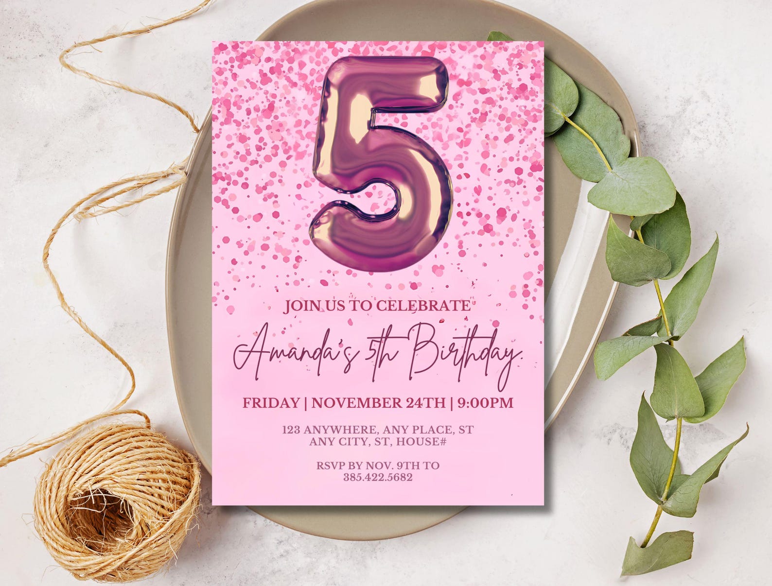 Girl's 5th Birthday Invitation: Pink Balloon, Editable Template ...