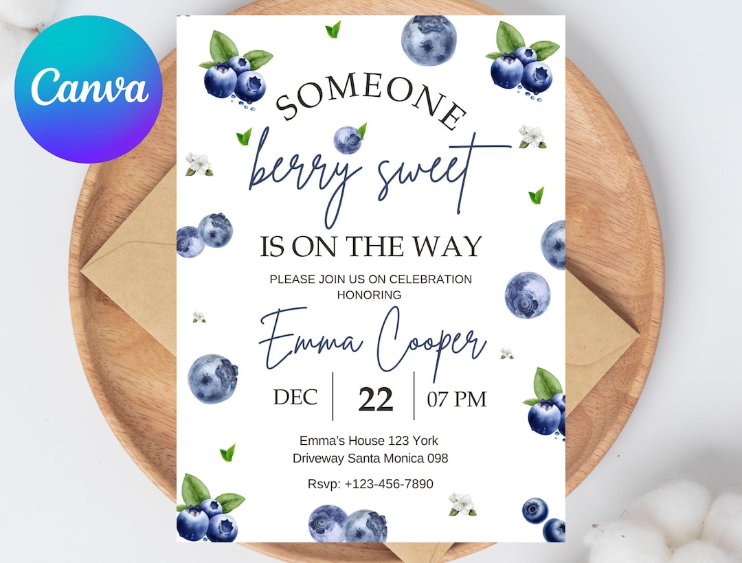 Blueberry Baby Shower Invitation: Berry Sweet Editable Template (5x7 ...