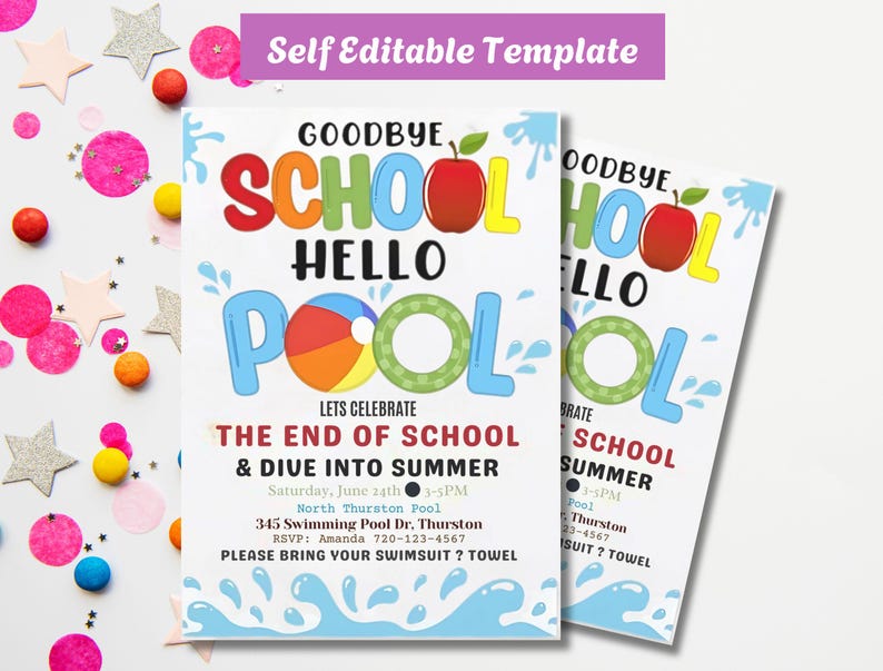 Goodbye School Hello Pool Invitation Template: Editable Summer Party ...