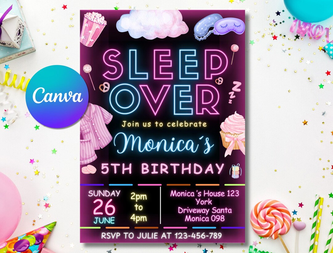 Neon Sleepover Birthday Invitation: Slumber Party Canva Template ...