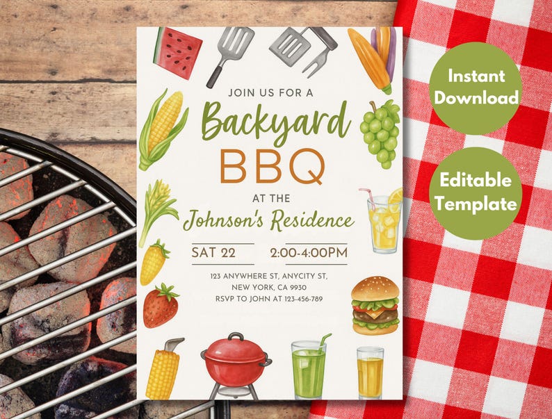 Editable BBQ Party Invitation: Backyard Theme (5x7 Printable Card) - Etsy
