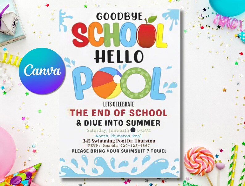 Goodbye School Hello Pool Invitation Template: Editable Summer Party ...