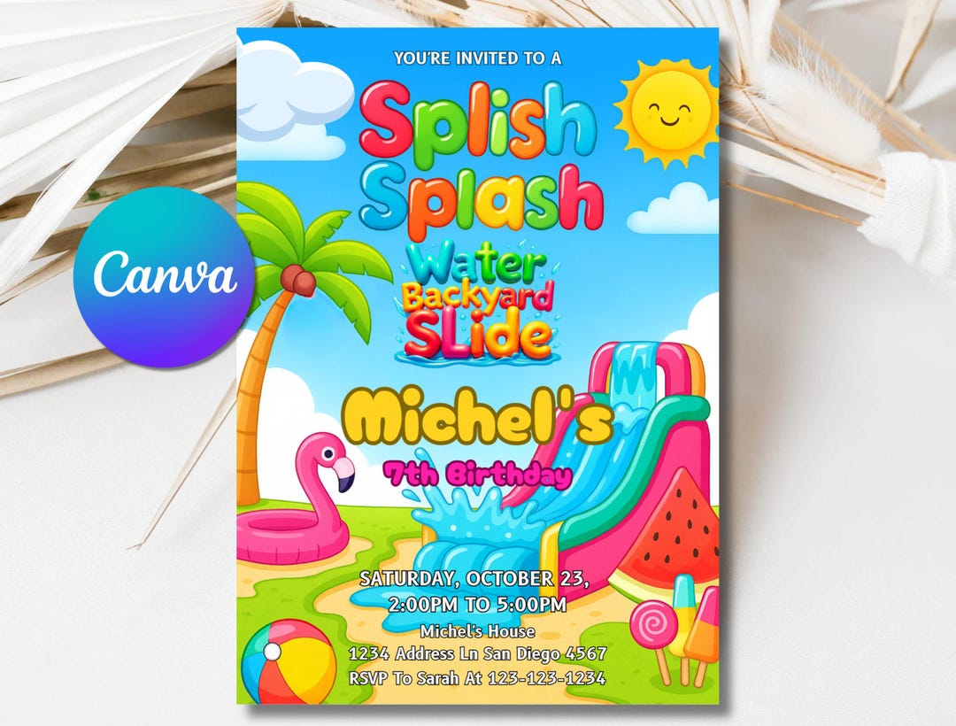 Waterslide Birthday Invitation, Water Slide Bash Modern Canva Template ...