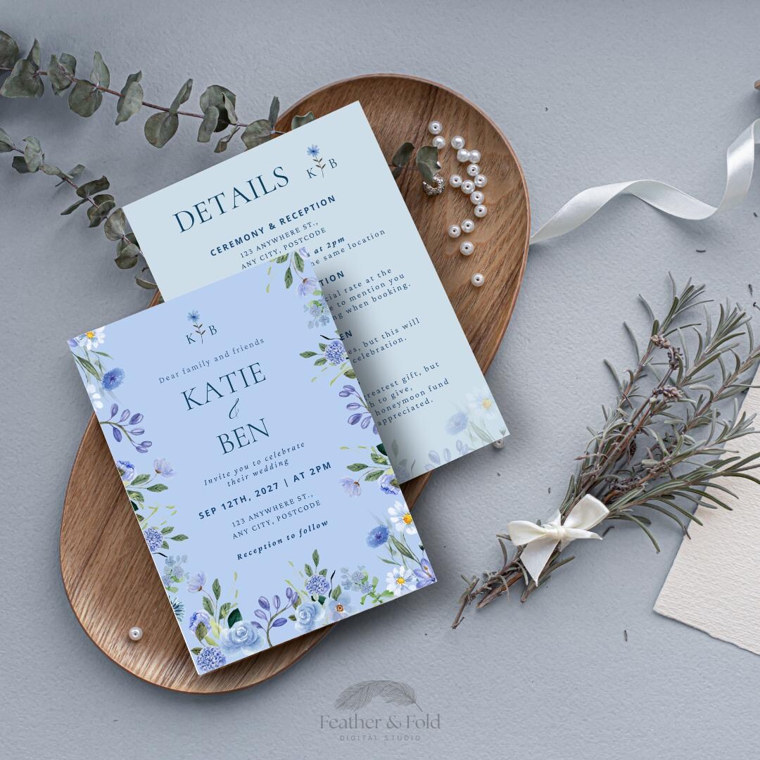 Powder Blue Wedding Invitation Suite | A5 Wildflower Floral Design ...