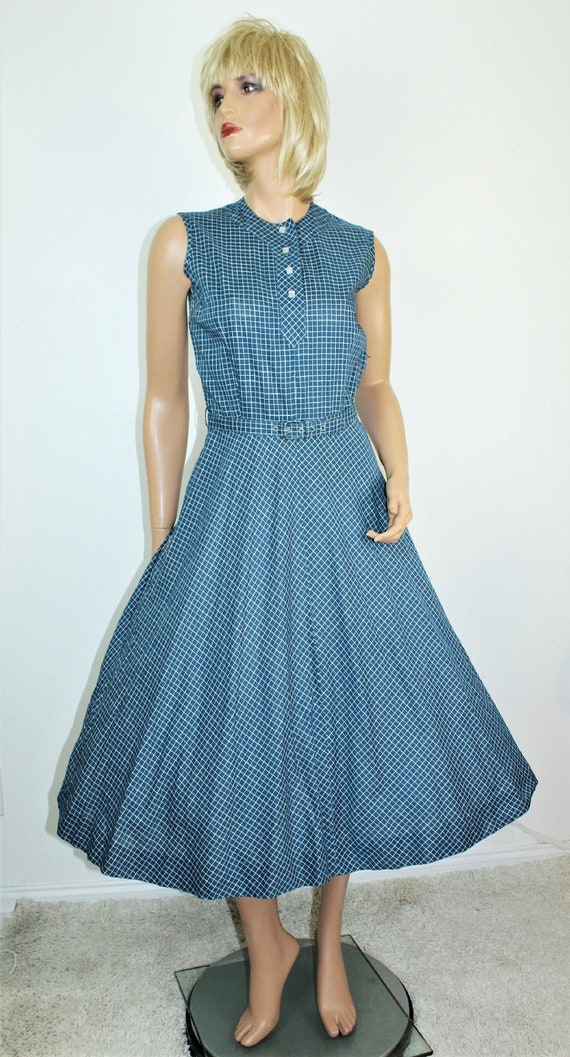 Vintage 50's Blue Checkered Rockabilly Swing Dress by… - Gem
