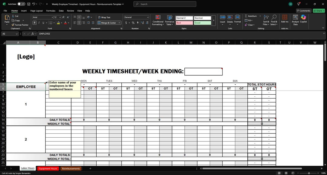 Weekly Employee Timesheet - Equipment Hours - Reimbursements Template ...