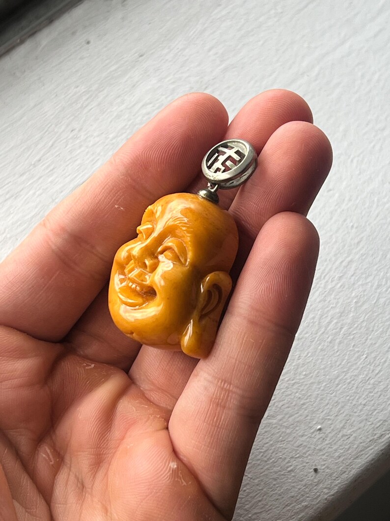 Hand Carved Amber Laughing Buddha Pendant – Genuine Amber, Lucky Amulet ...