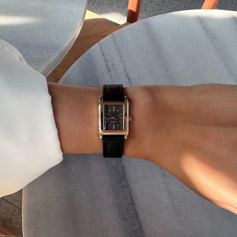 Black leather gold rectangle watch - Etsy.de