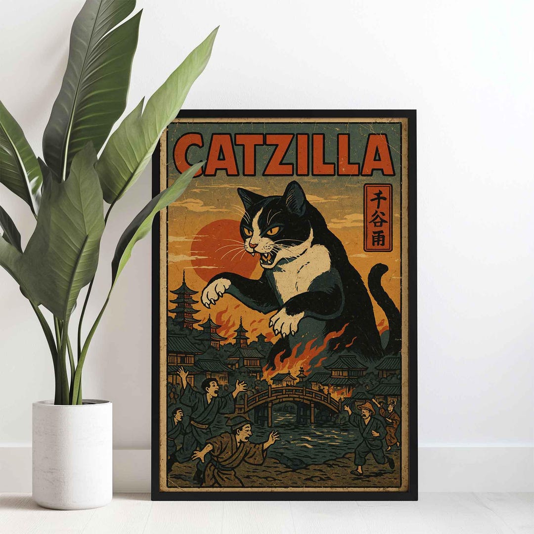 Catzilla Funny Cat Poster | Retro Japanese Monster Wall Art Print for ...