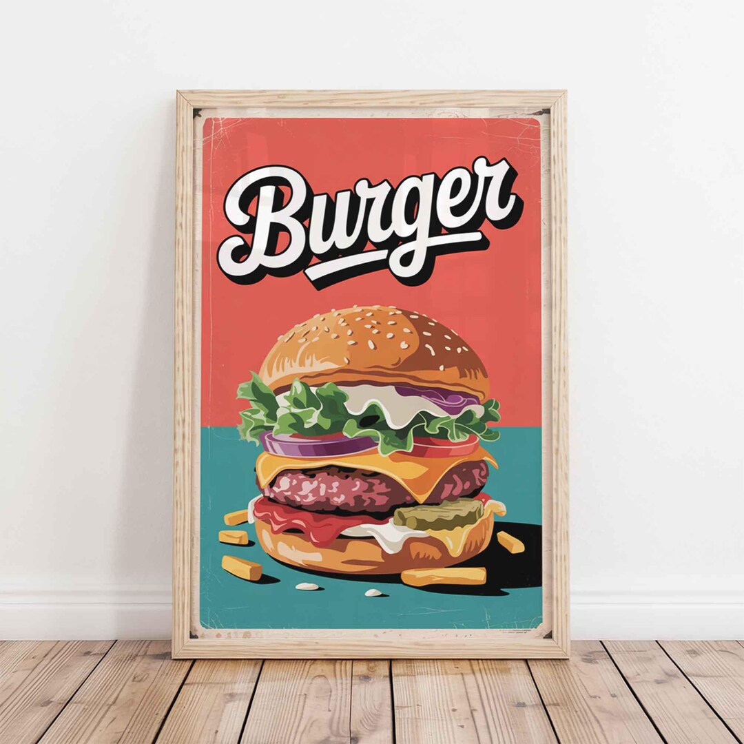 Burger Poster Print | Retro Diner Burger Canvas Wall Art | Kitchen or ...
