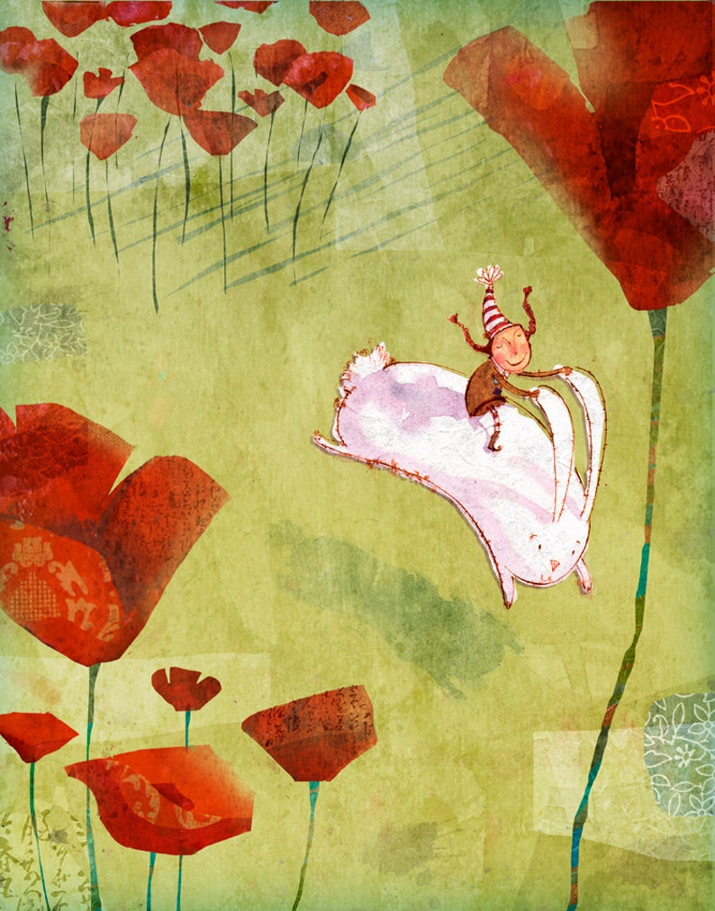 Girl Riding a Bunny Rabbit. Illustration / Art Print / Wall Art ...