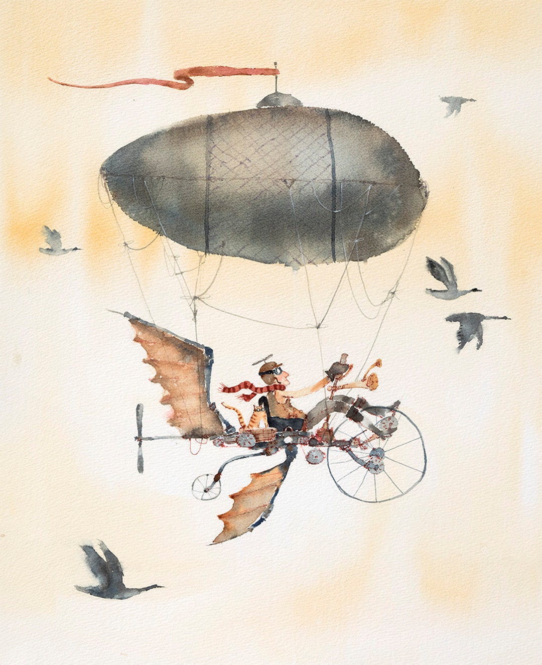 Flying Bicycle Art Print / Flying Bike Print / Bicycle Illustration ...