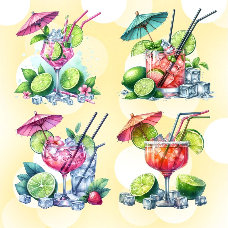 Tropical Cocktail Clipart – Watercolor Summer Drinks PNG Set| Beach ...