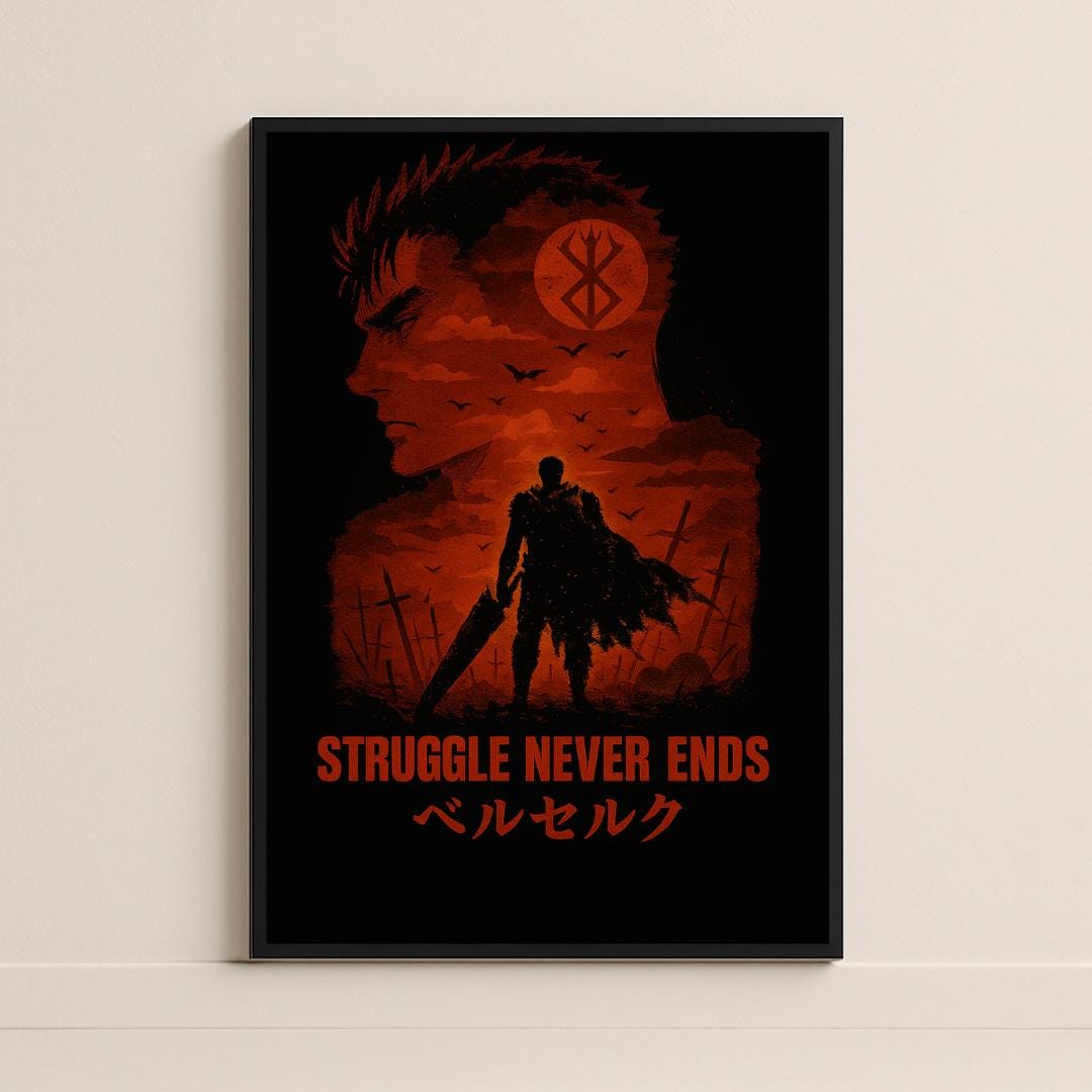 Berserk Guts Struggle Never Ends Matte UNFRAMED Poster, Wall Art, Anime ...