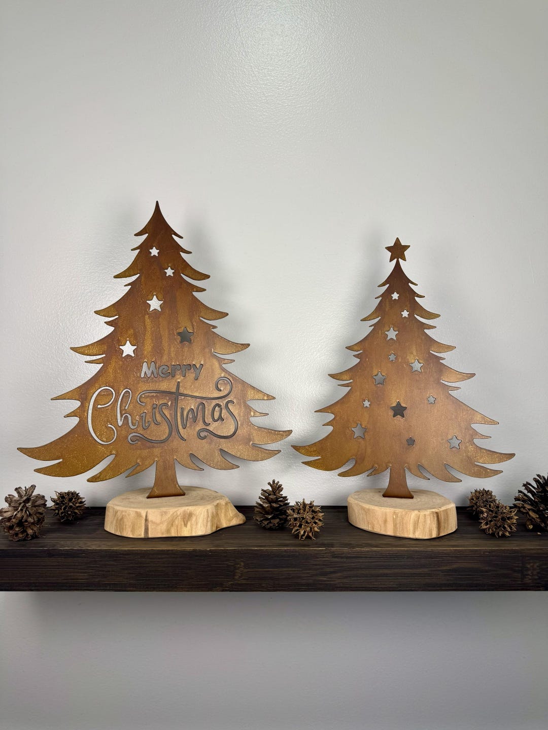 Rustic Metal Christmas Tree Decor | Patina Steel & Cedar Base - Etsy