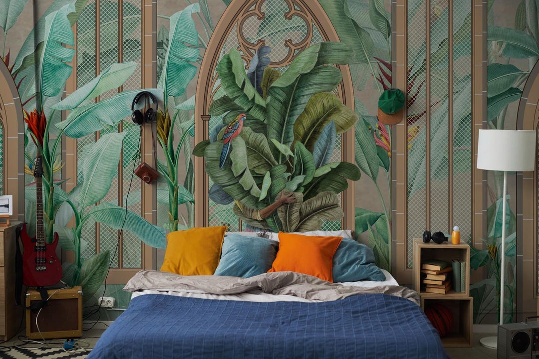 Tropical Gothic Window Wallpaper, Boho Jungle Wall Decor With Banana ...
