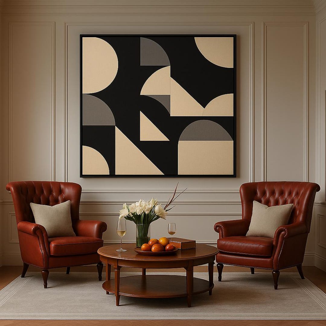Mid Century Modern Art Print, Beige Black Geometric Shapes Poster - Etsy