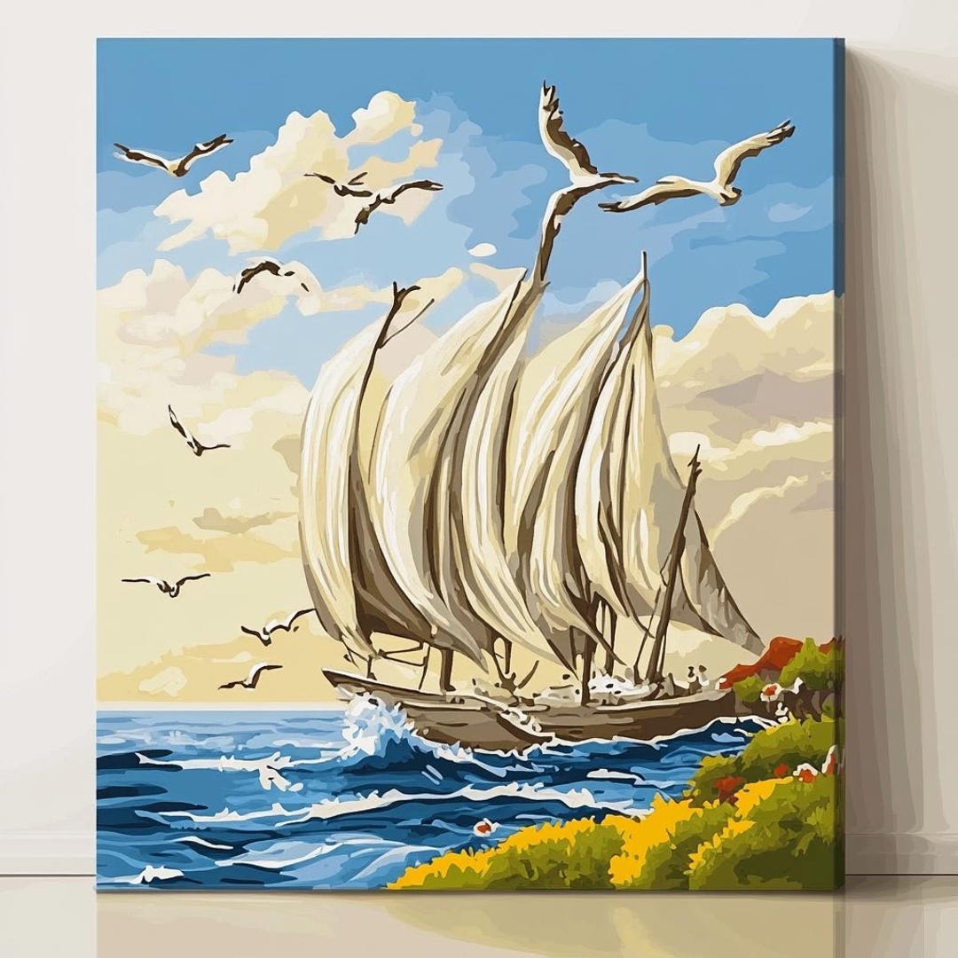 Paint by Number Sailboat Kit – Ocean Waves & Seagulls DIY Canvas Art ...
