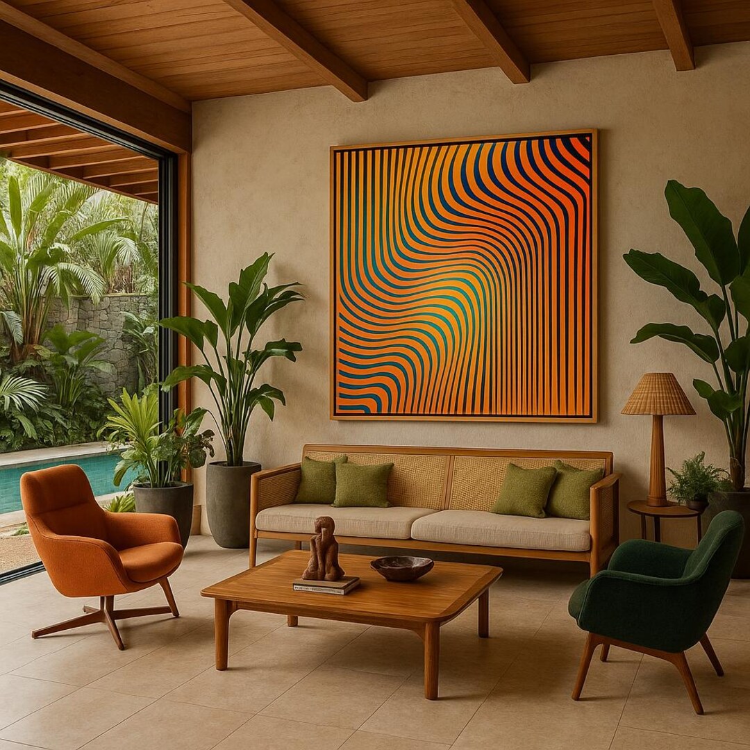 Wave Warp Retro Optical Canvas Wall Art With Orange and Teal Wavy Lines ...