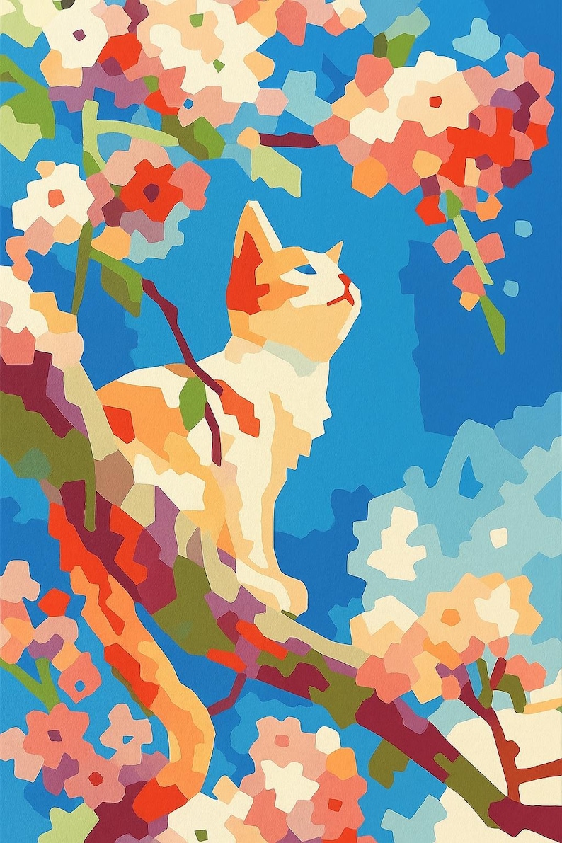 Paint by Number Cat in Blossoms – Whimsical Spring Floral DIY Painting ...