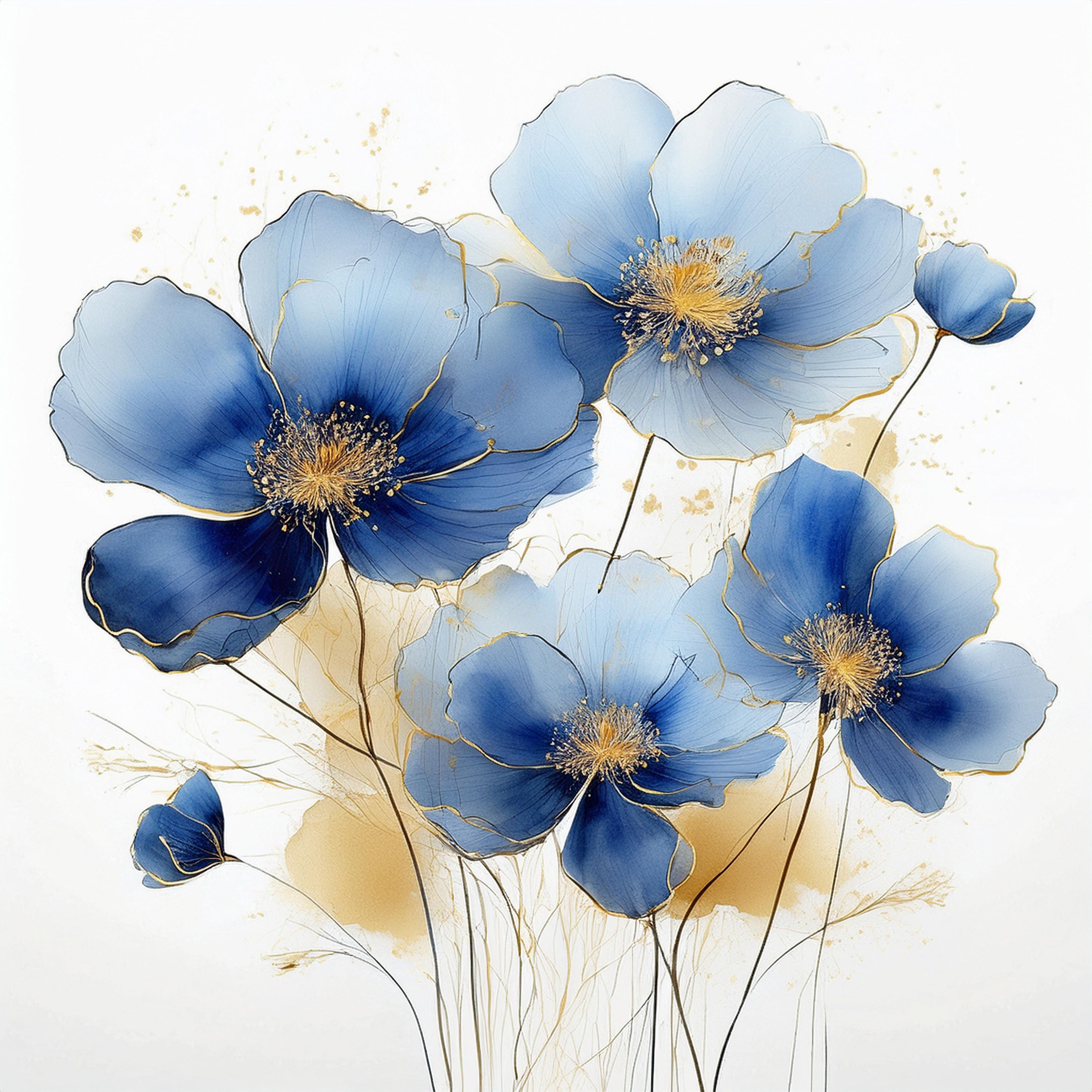 Abstract Watercolor Flowers Clipart: Blue & Gold Floral Pngs (digital ...