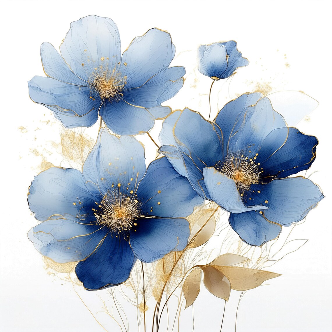 Abstract Watercolor Flowers Clipart: Blue & Gold Floral Pngs (digital ...