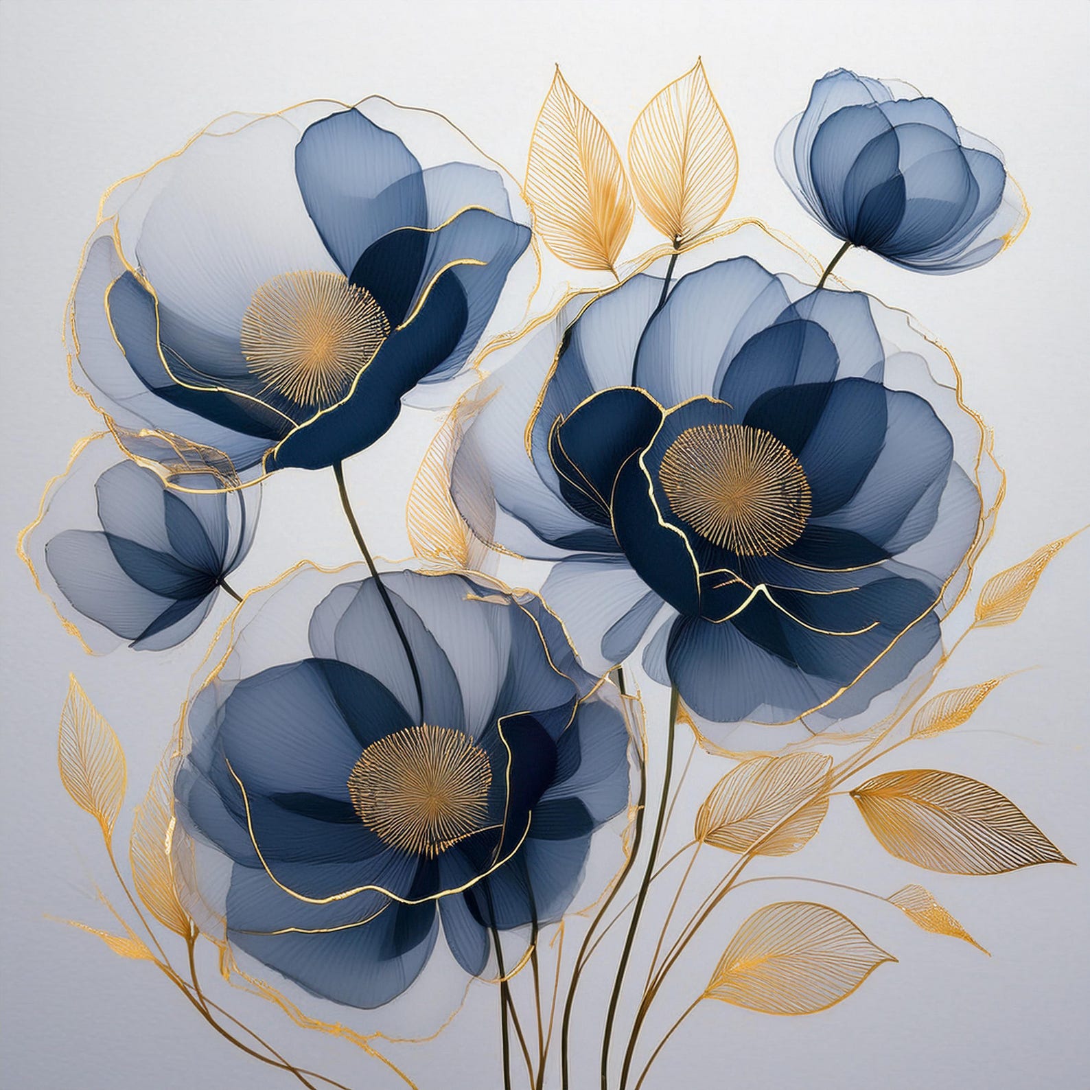 Abstract Watercolor Flowers Clipart: Blue & Gold Floral Pngs (digital ...
