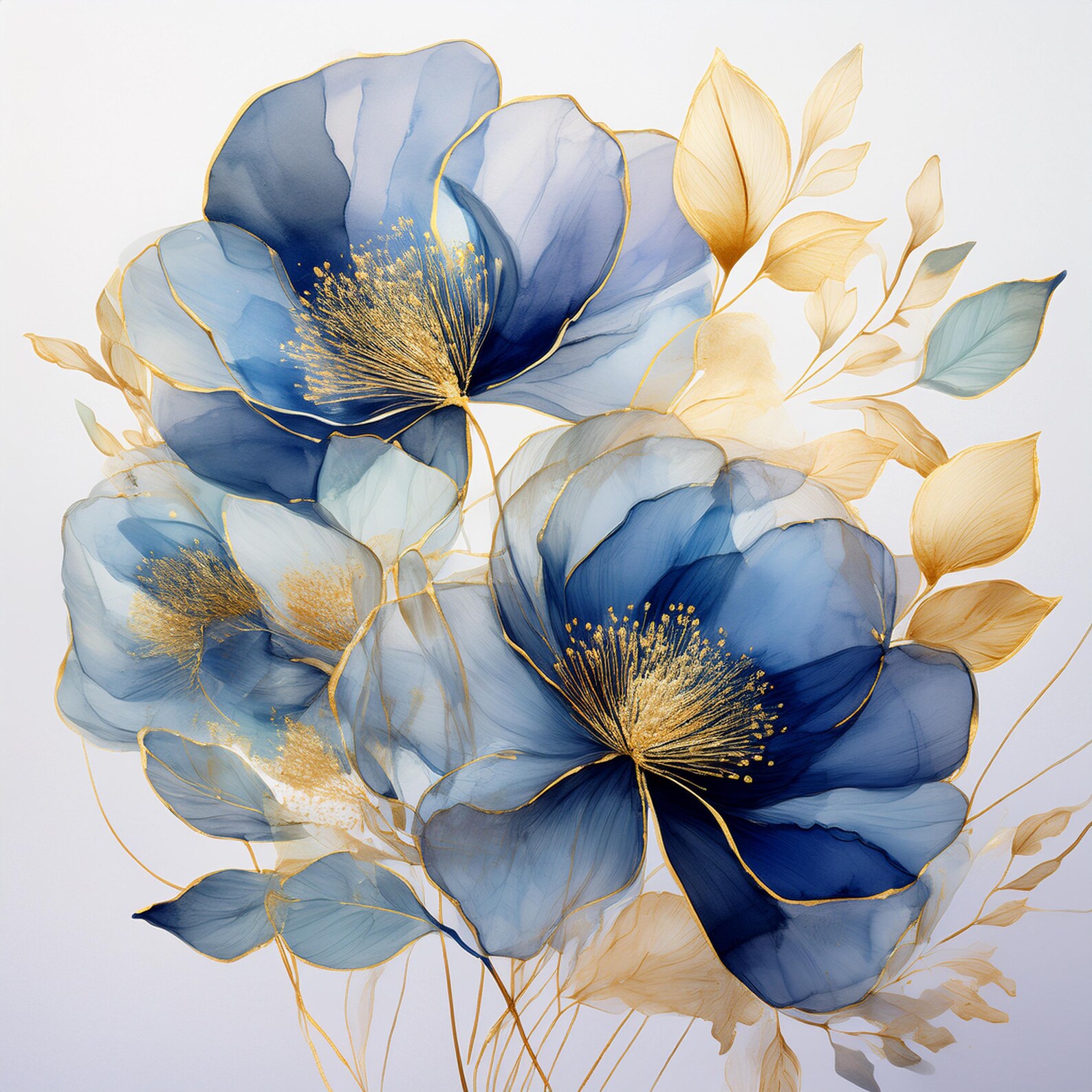 Abstract Watercolor Flowers Clipart: Blue & Gold Floral Pngs (digital ...