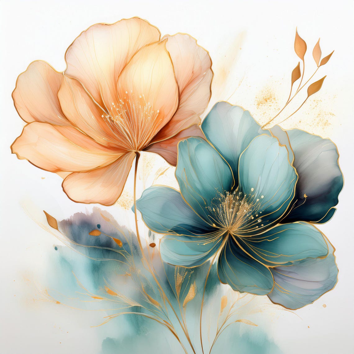 Abstract Watercolor Flowers Clipart: Blue & Gold Floral Pngs (digital ...