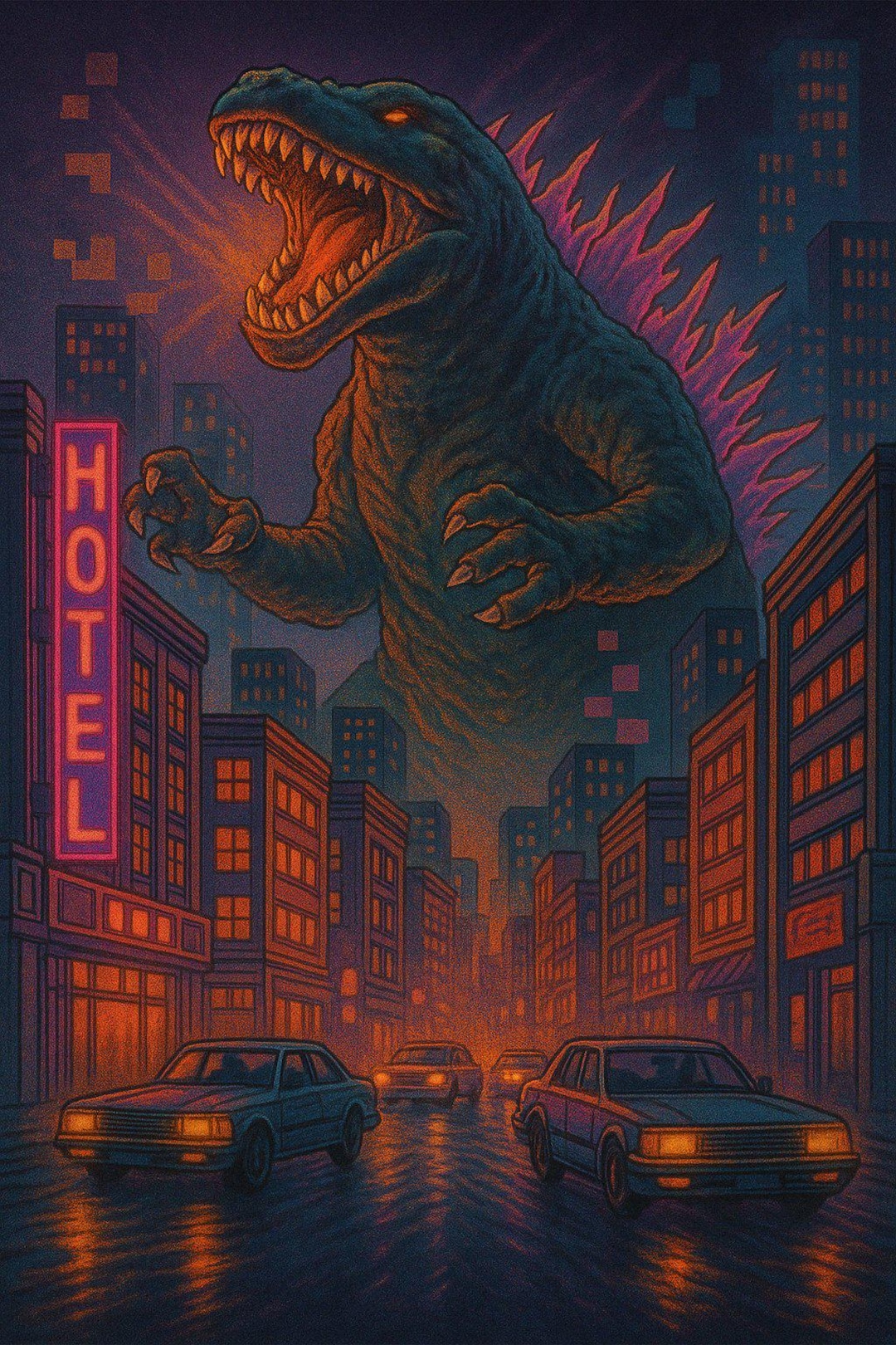 Vintage Kaiju Wall Art – Retro Godzilla Poster | Neon City Synthwave ...