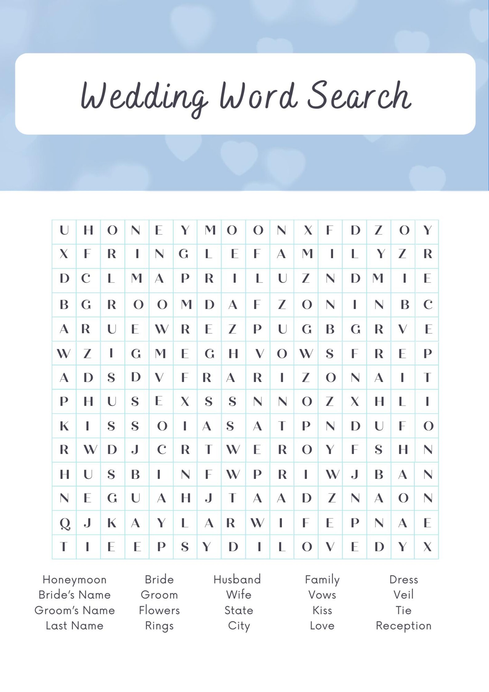 Wedding Word Search - Printable Bridal Shower Game - Fun Wedding ...