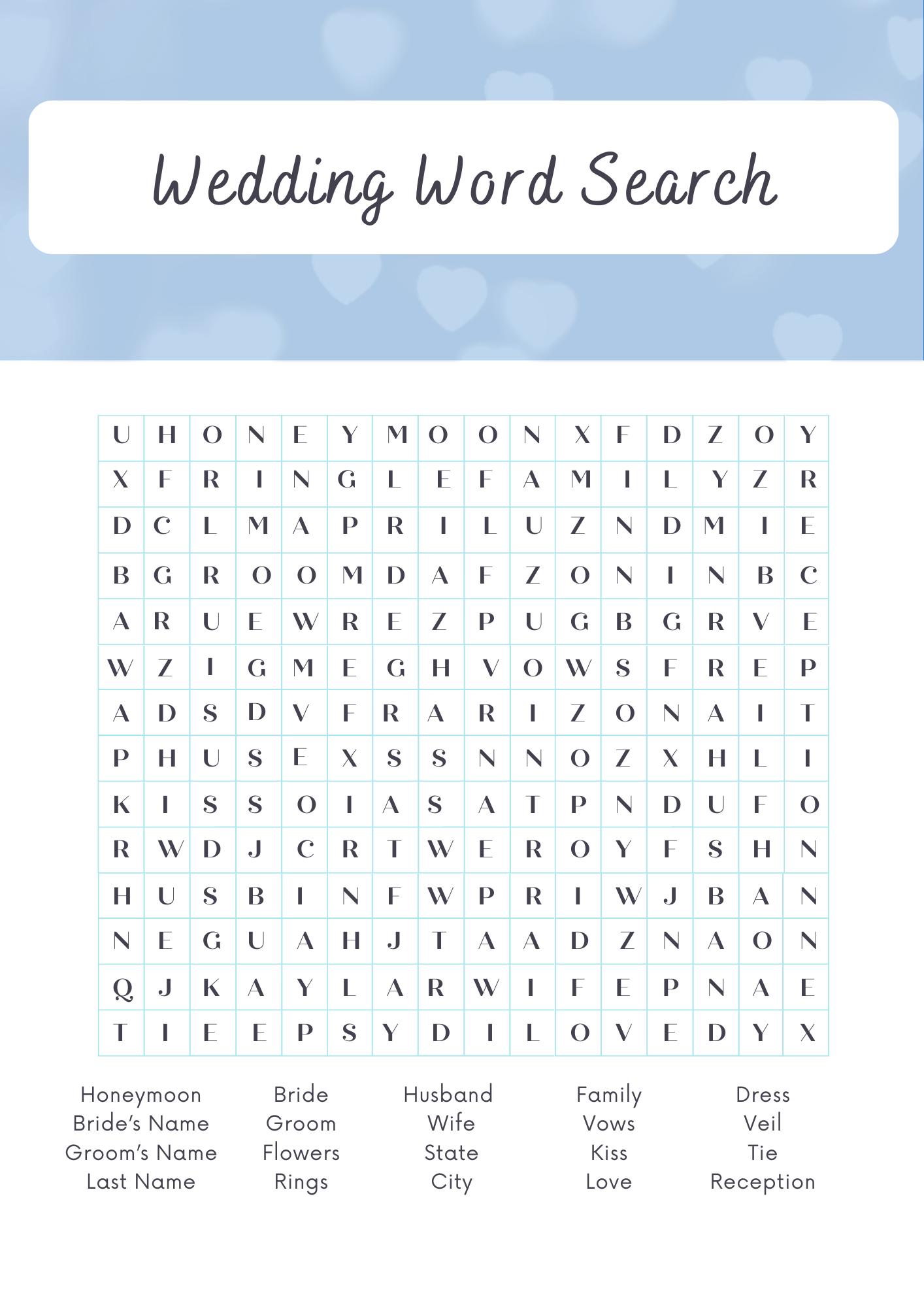 Wedding Word Search - Printable Bridal Shower Game - Fun Wedding ...