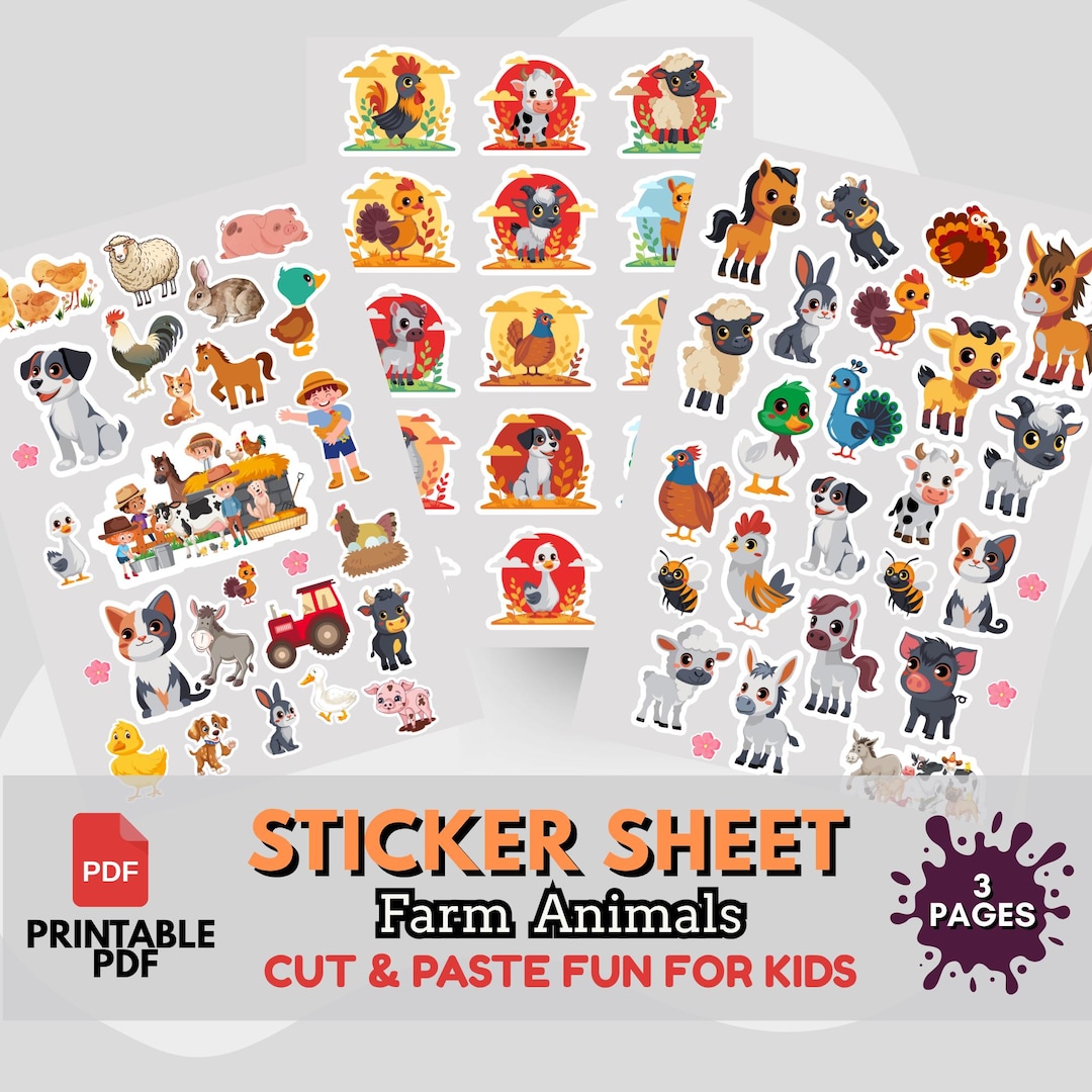 Farm Animal Sticker Sheet PDF | Printable Kids Stickers | Cut and Paste ...