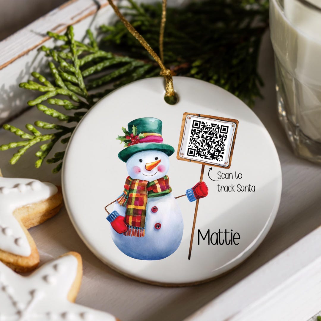 Personalized Snowman Child Christmas Ornament | Track Santa QR Code ...