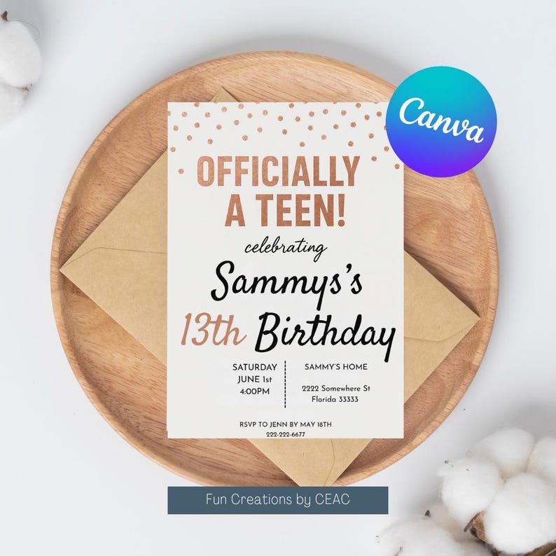Editable 13th Birthday Invitation | Thirteenth Birthday Invite Template ...