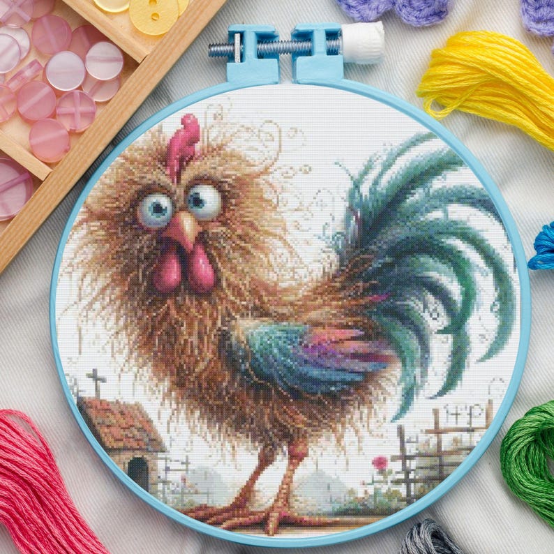 Crazy Chicken Cross Stitch Pattern: Funny Rooster Embroidery (PDF ...