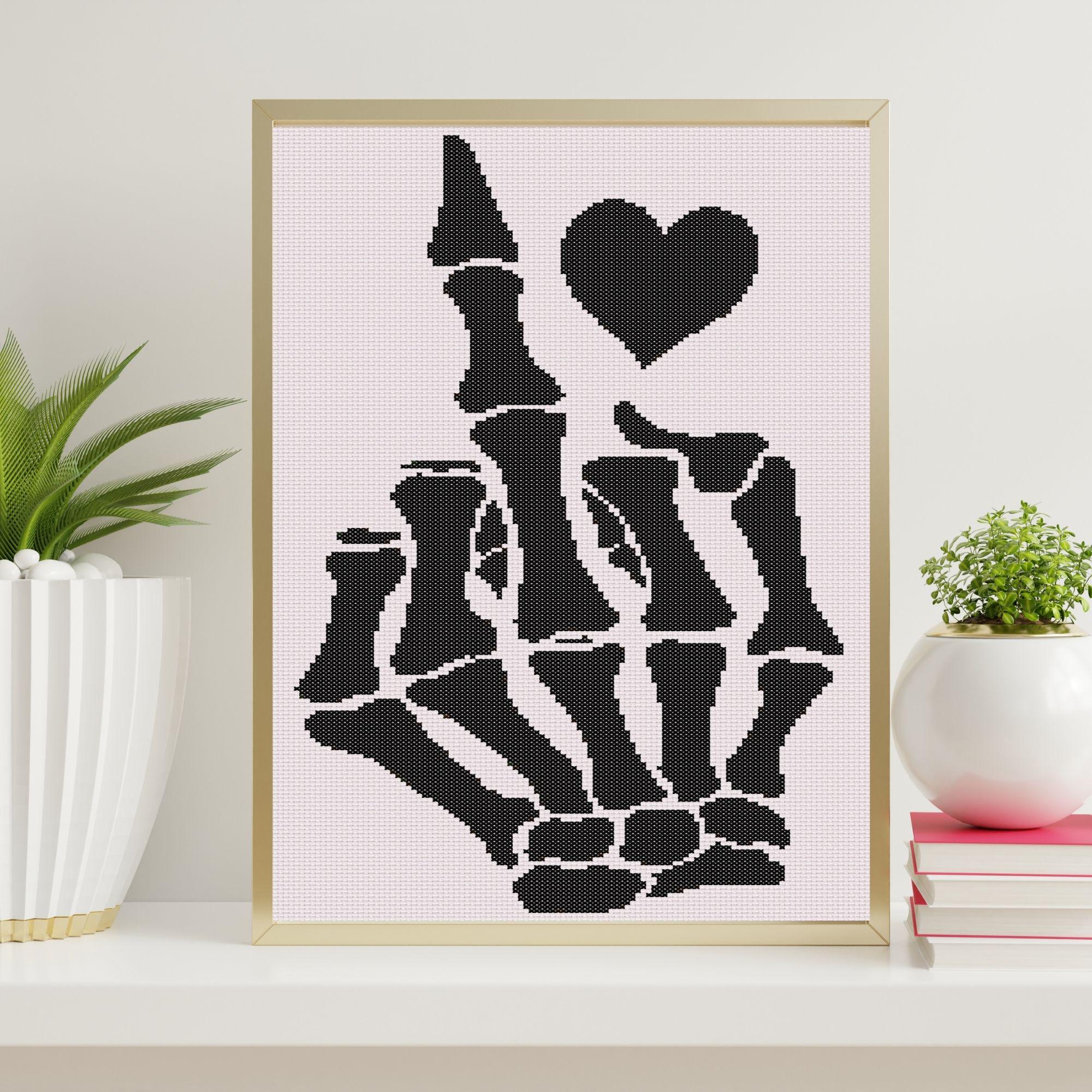Skeleton Hand Cross Stitch Pattern, Gothic Heart Design, Modern ...