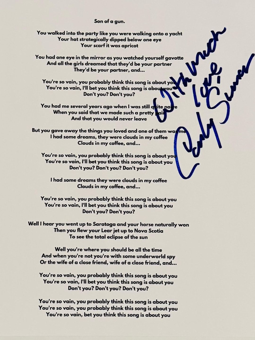 Carly Simon Autographed Sheet With Lyrics COA Included - Etsy