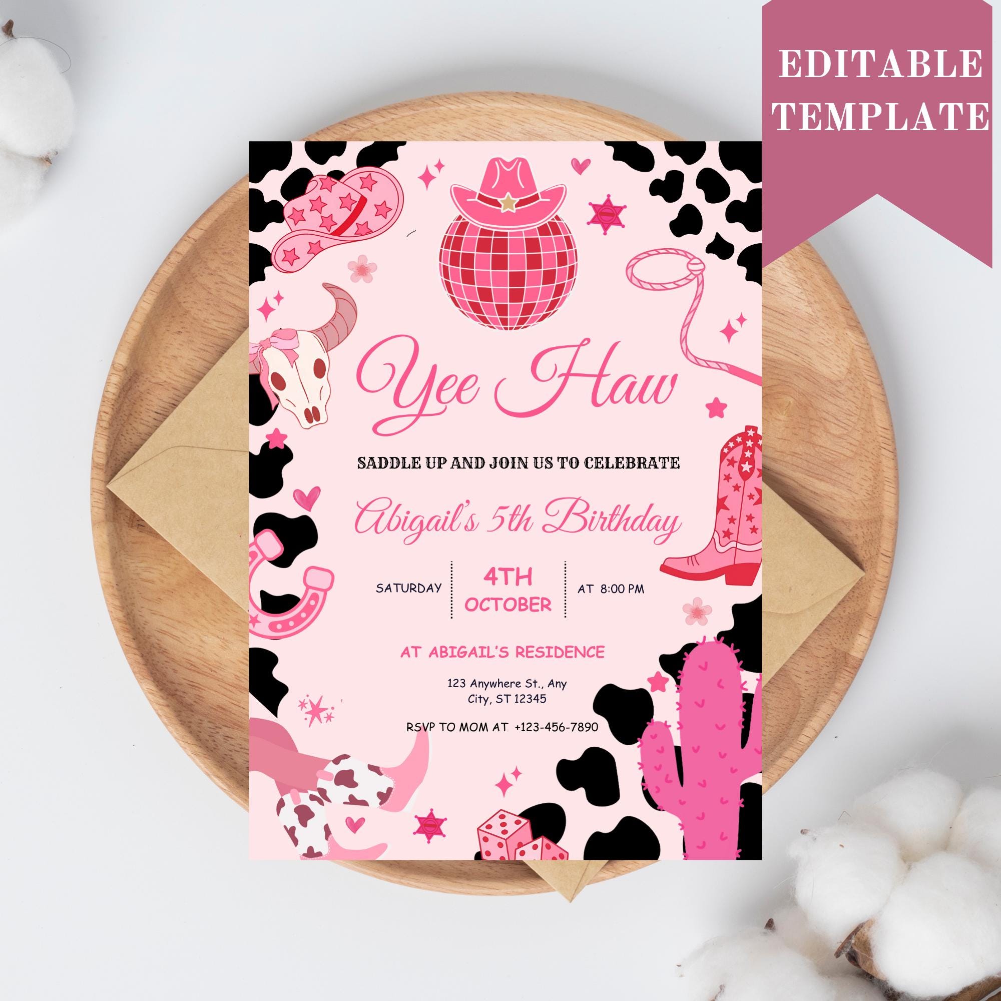Editable Pink Cowgirl Birthday Invitation: Yee Haw Rodeo Party ...