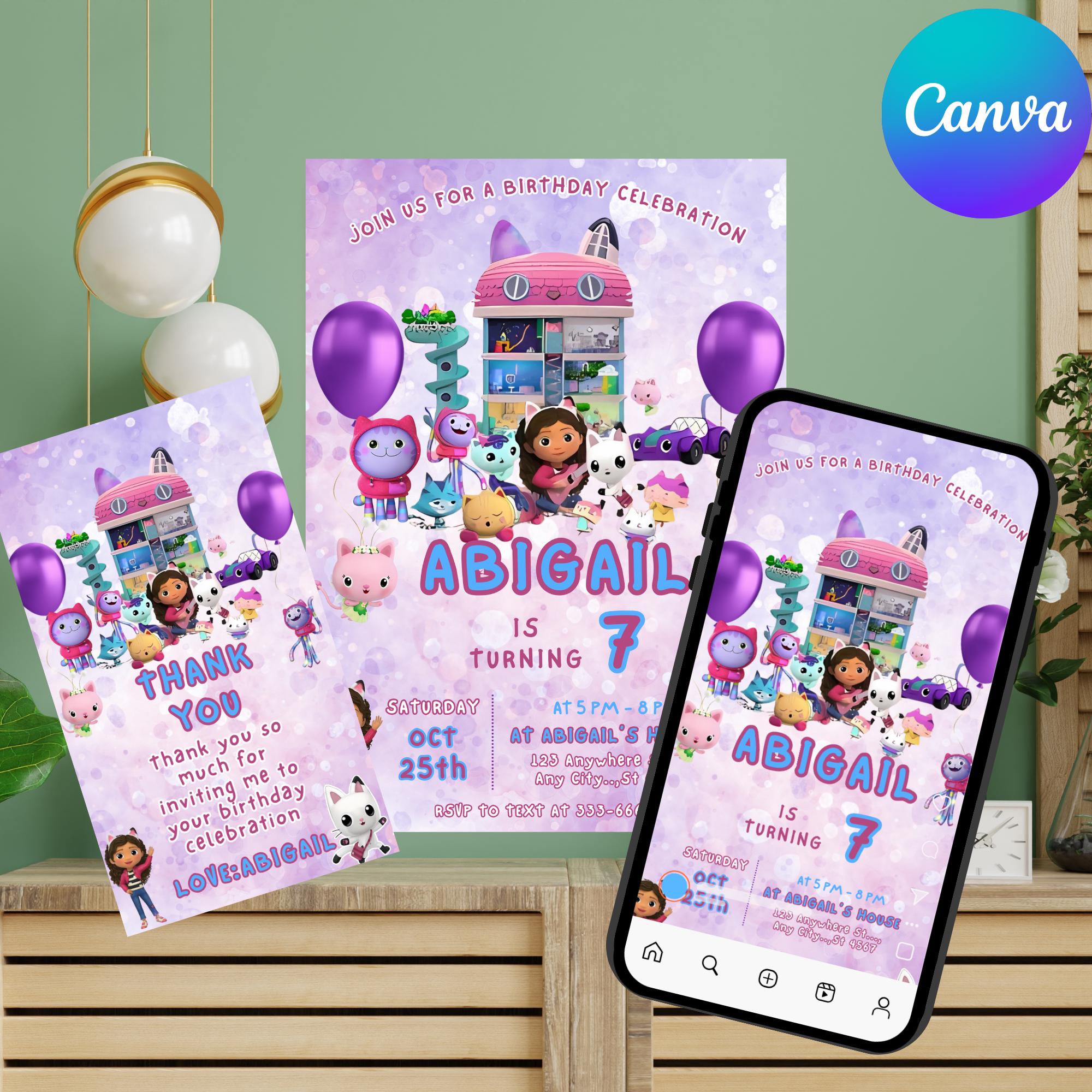 Gabbys Dollhouse Birthday Invitation, Editable Gabby's Kids Birthday ...