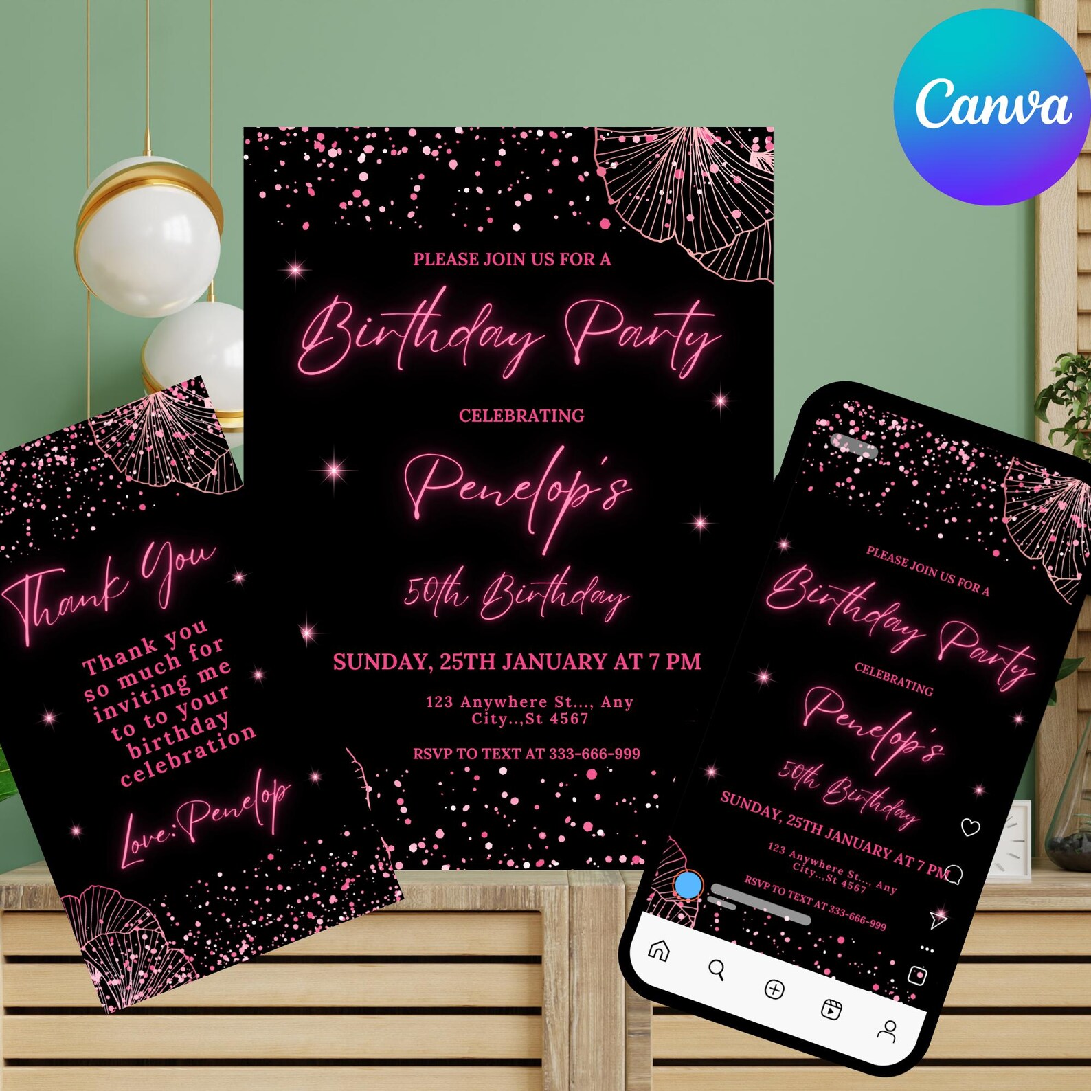 Editable Neon Pink Birthday Invitation: Canva Template (5x7, Digital ...