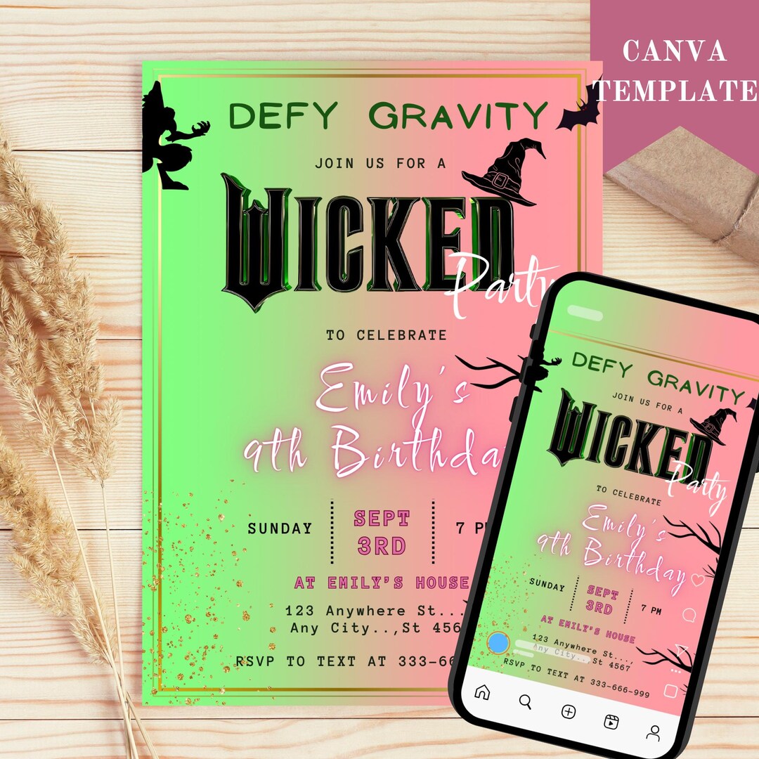 Wicked Party Invitation for Girls, Party Theme Editable Invite, Pink ...