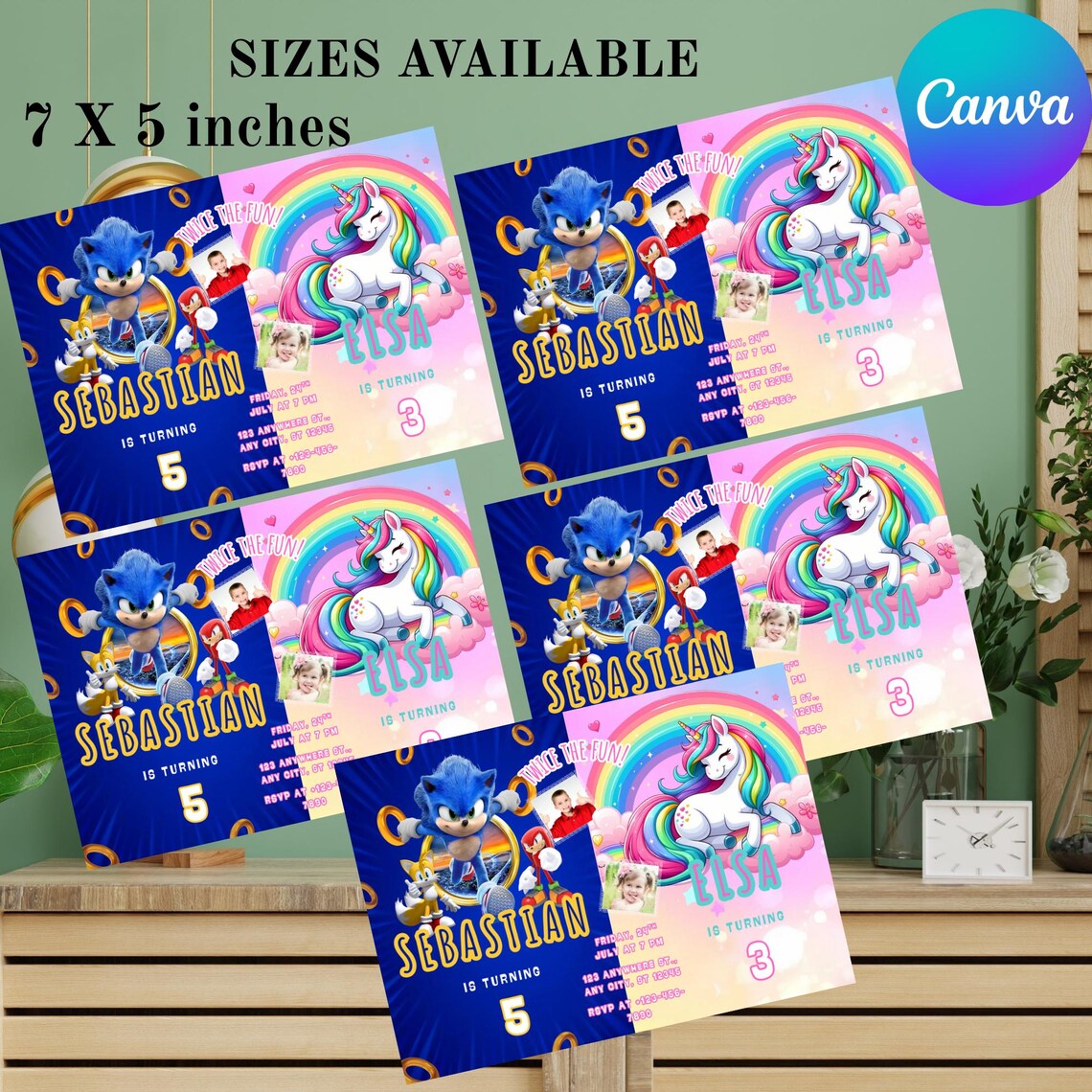 Sibling Birthday Invitation: Sonic & Unicorn Theme (editable Canva ...