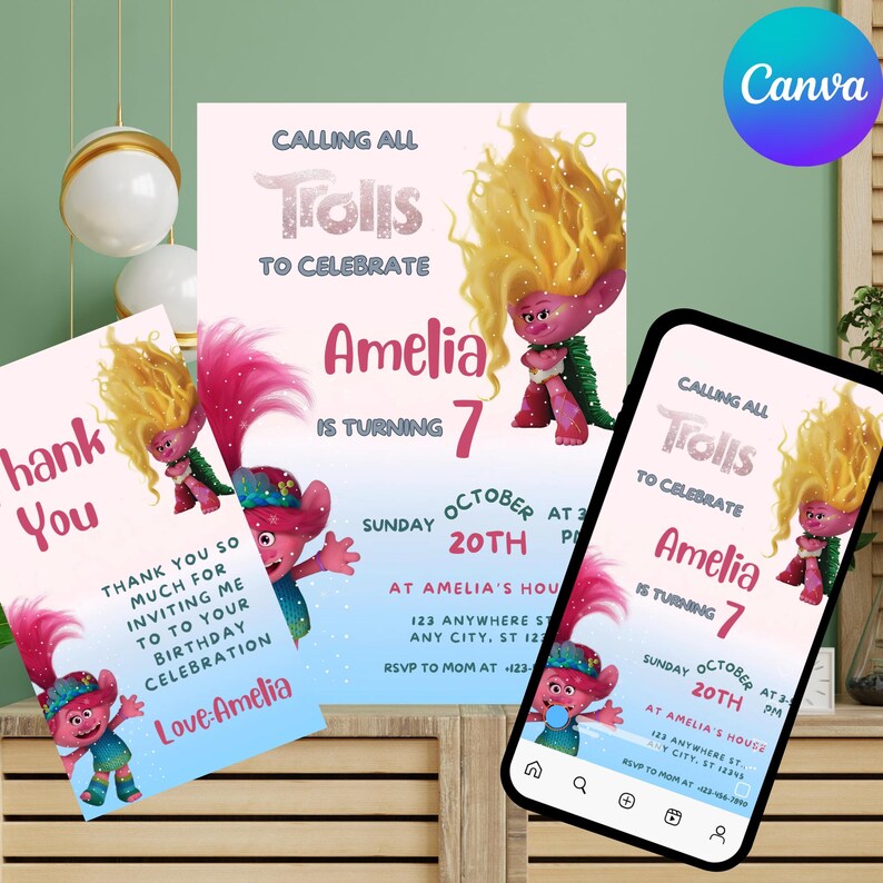 Editable Trolls Birthday Invitation: Poppy Party Invite (digital ...