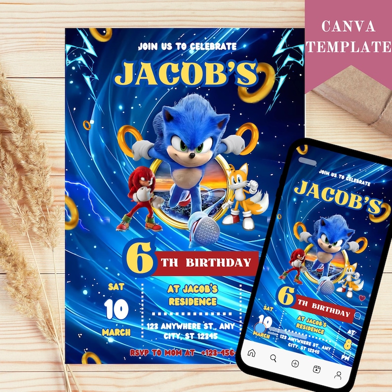 Sonic Editable Birthday Invitation, Hedgehog Party Invitation Template ...