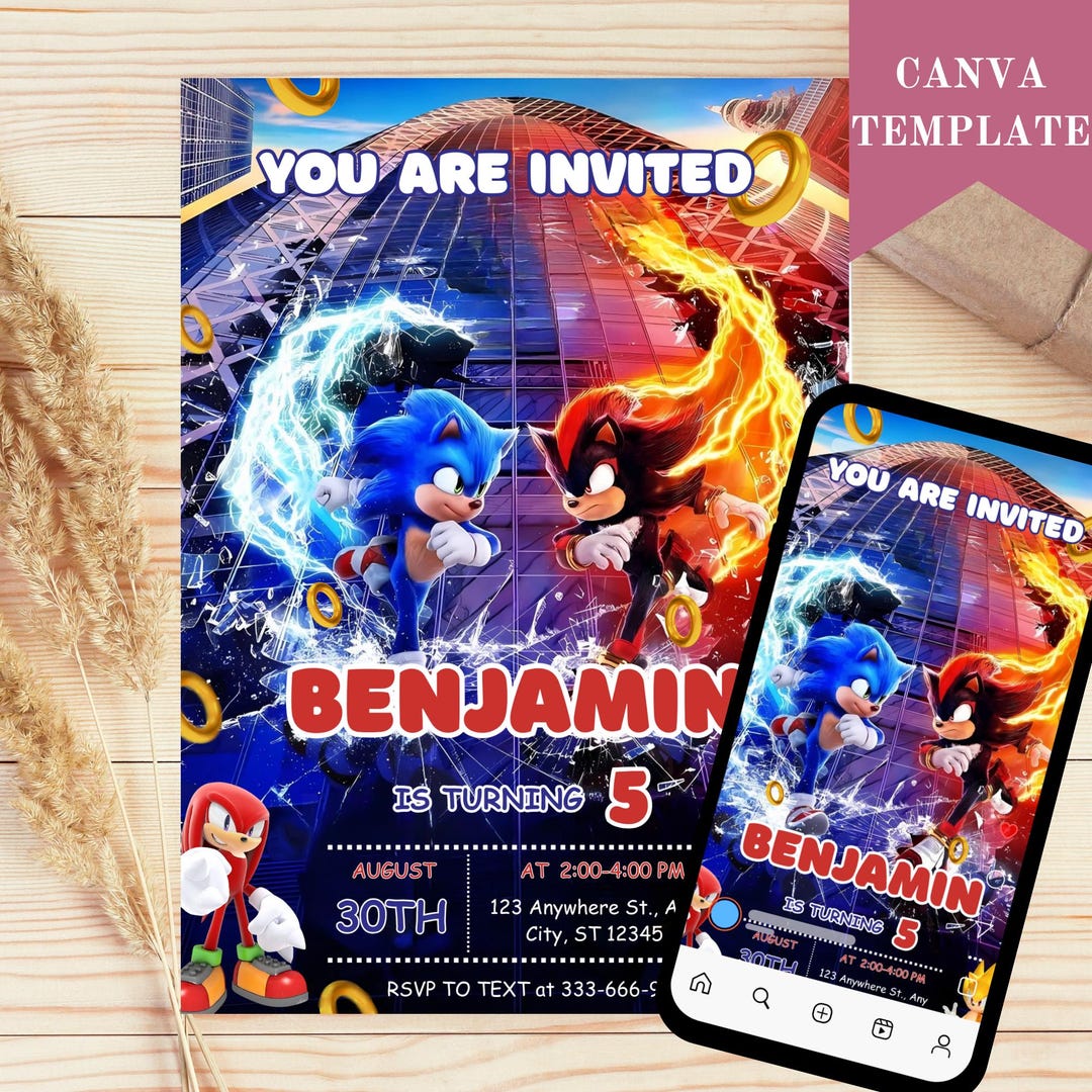 Sonic Birthday Invitation, Sonic the Hedgehog Birthday Invitation ...
