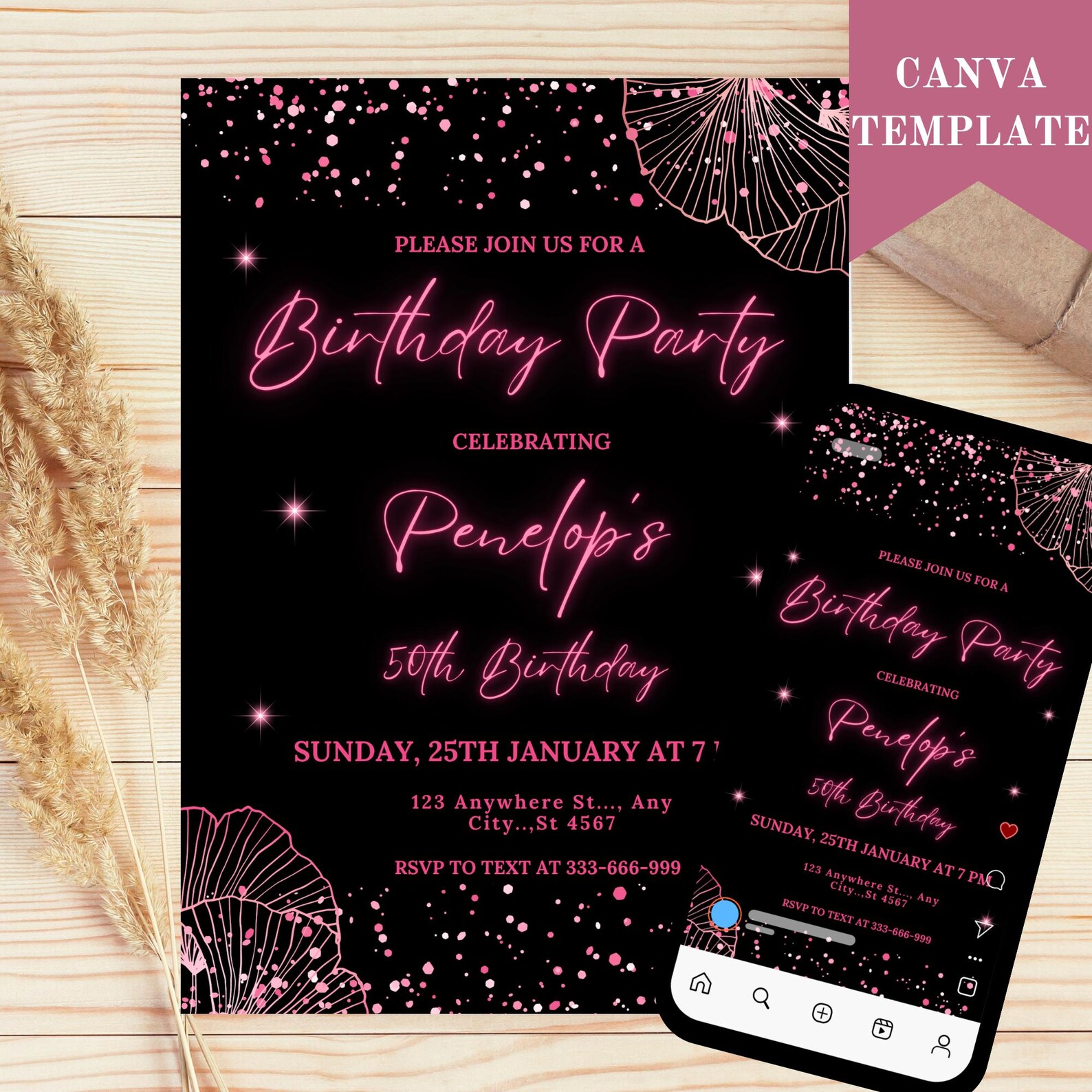 Editable Neon Pink Birthday Invitation: Canva Template (5x7, Digital ...